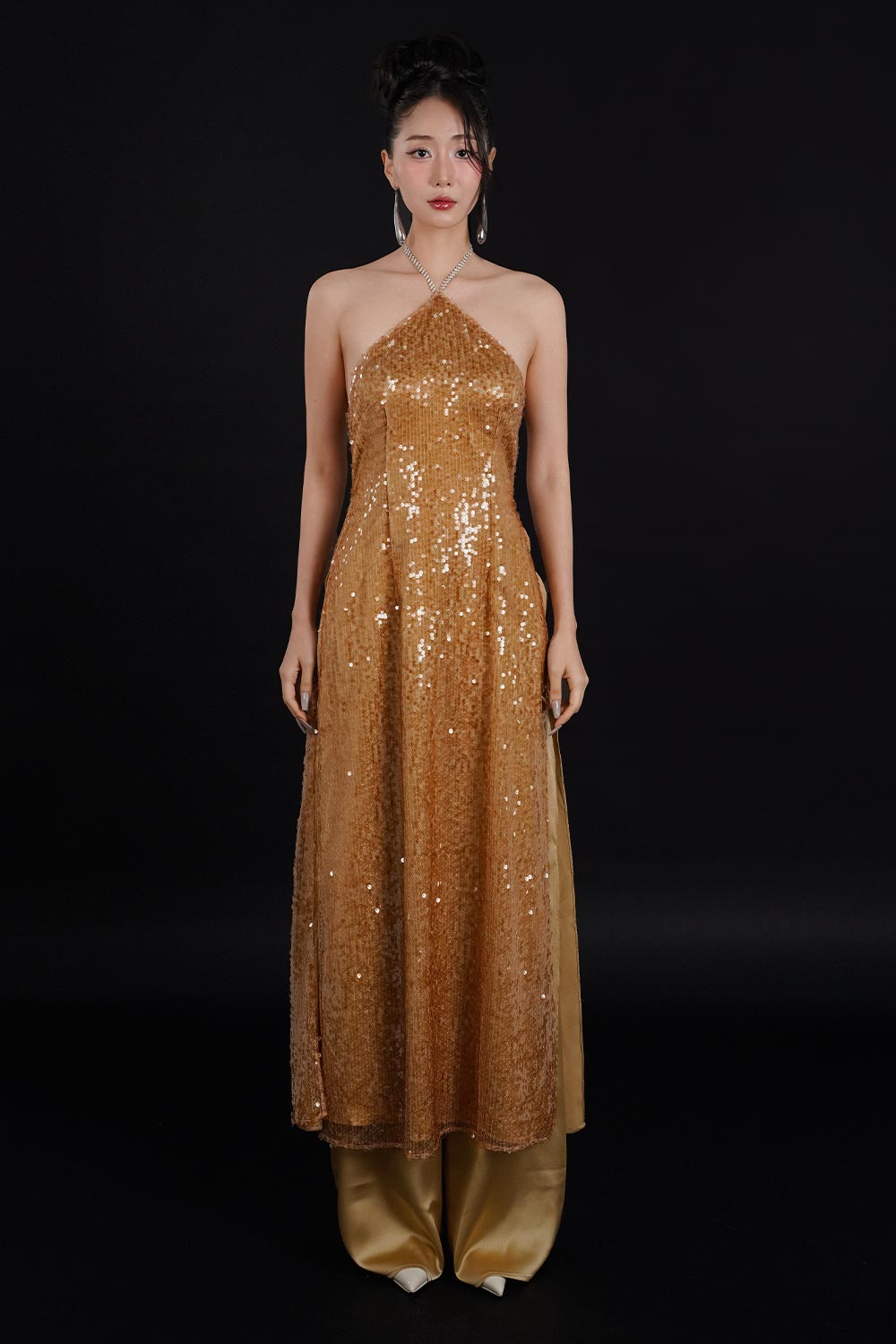 Women's Yen Kim A-line Sleeveless Mesh Sequin Floor Length Ao Dai Set S/M/L/Customize Burnt ...