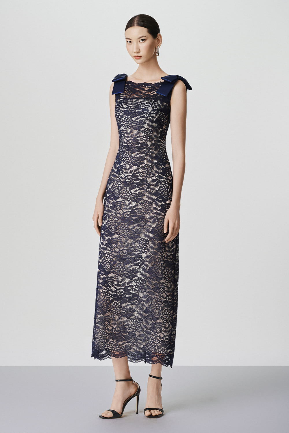 Women's Dani Sheath Bow Lace Maxi Dress XS/S/M/L/Customize Navy Mixed Lace MEAN BLVD