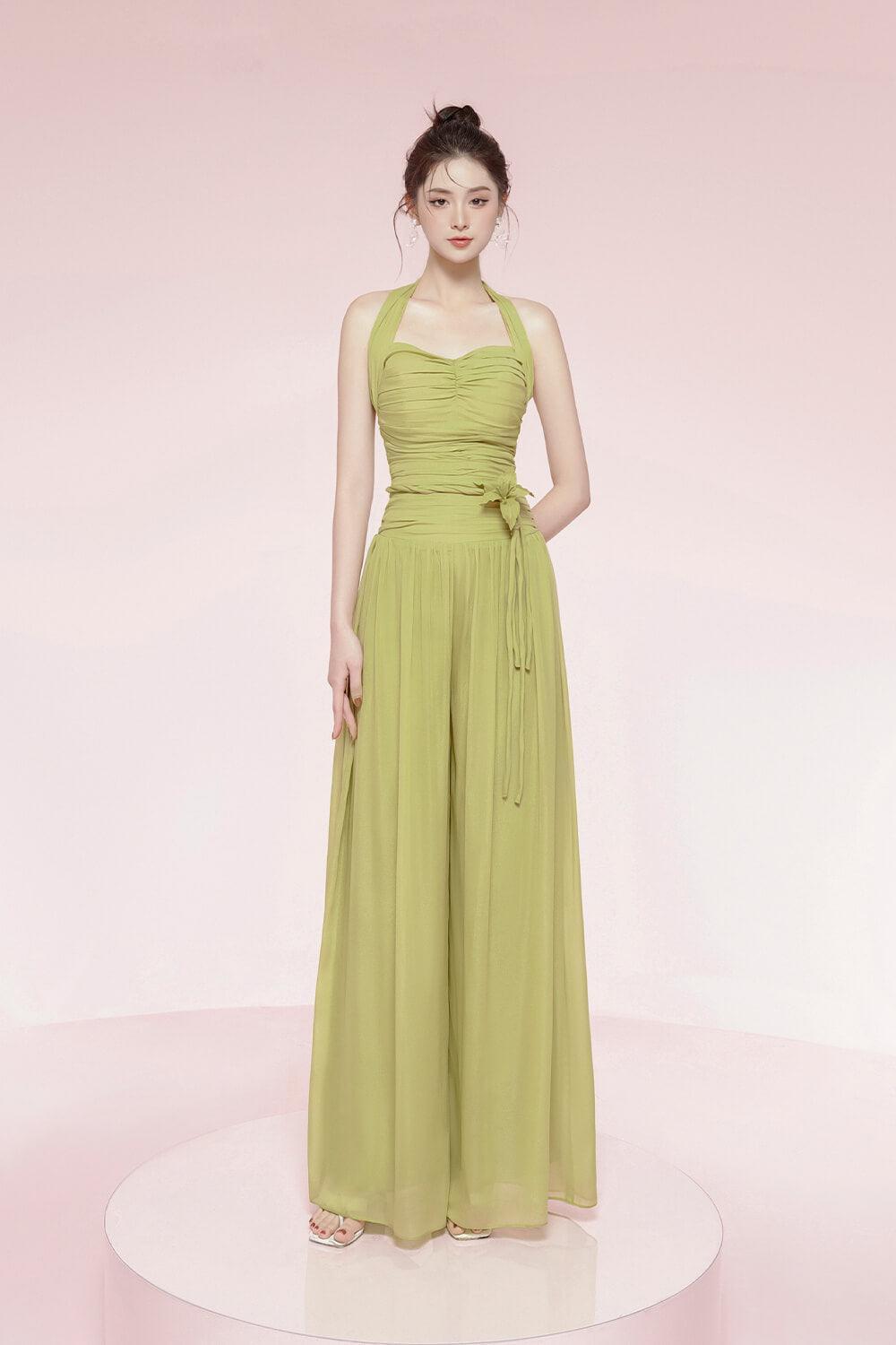 Maisara Halter Straight Silk Chiffon Floor Length Jumpsuit | MEAN BLVD