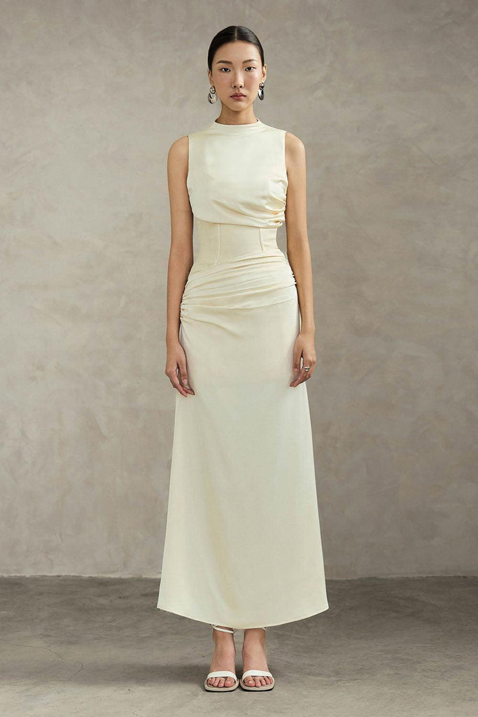 Women's Maisie A-line Corset Waist Silk Ankle Length Dress S/M/L/XL Cream MEAN BLVD