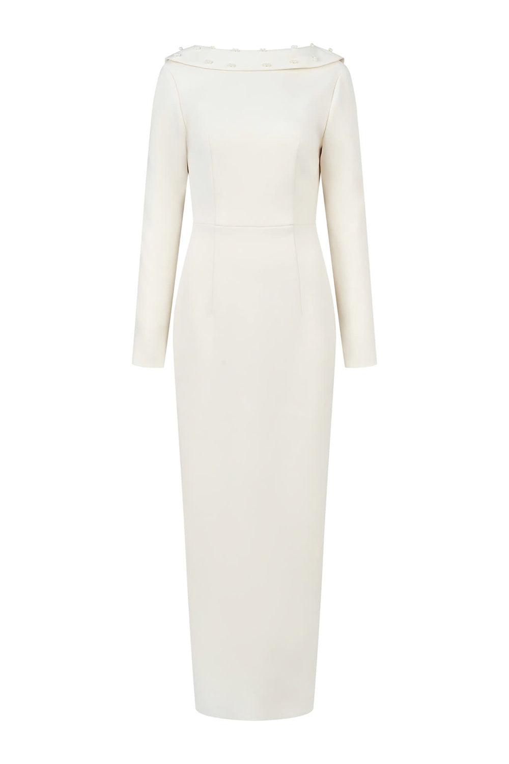 Women's Quatz Pegged Boat Neck Wool Blend Ankle Length Dress XS/S/M/L/Customize Off White MEAN BLVD