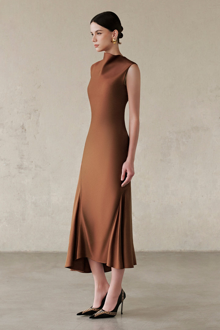 Women's Inez High Neck Synthetic Silk Midi Dress S/M/L/Customize Brown ...