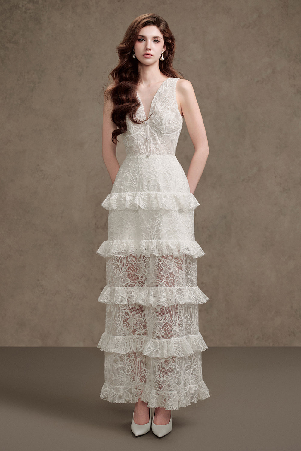 Women's Sandy Sheath Ruffle Layer Lace Maxi Dress S/M/L/Customize Ivory ...