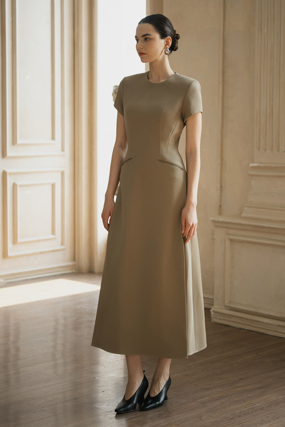 Women's Srena A-line Draped Twill Midi Dress S/M/L/Customize Sandtone ...