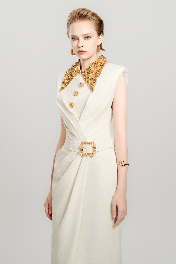 Women's Ivory Crown Pegged Contrasting Collar Fleece Midi Dress Customize Light Cream MEAN BLVD