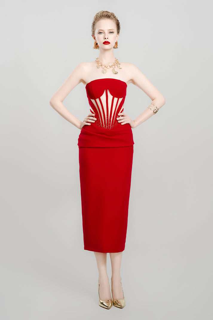 Women's Scarlet Shell Pegged Corset Waist Crepe Midi Dress Customize ...