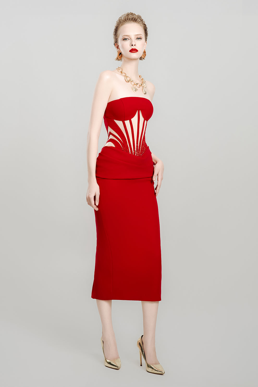 Women's Scarlet Shell Pegged Corset Waist Crepe Midi Dress Customize ...