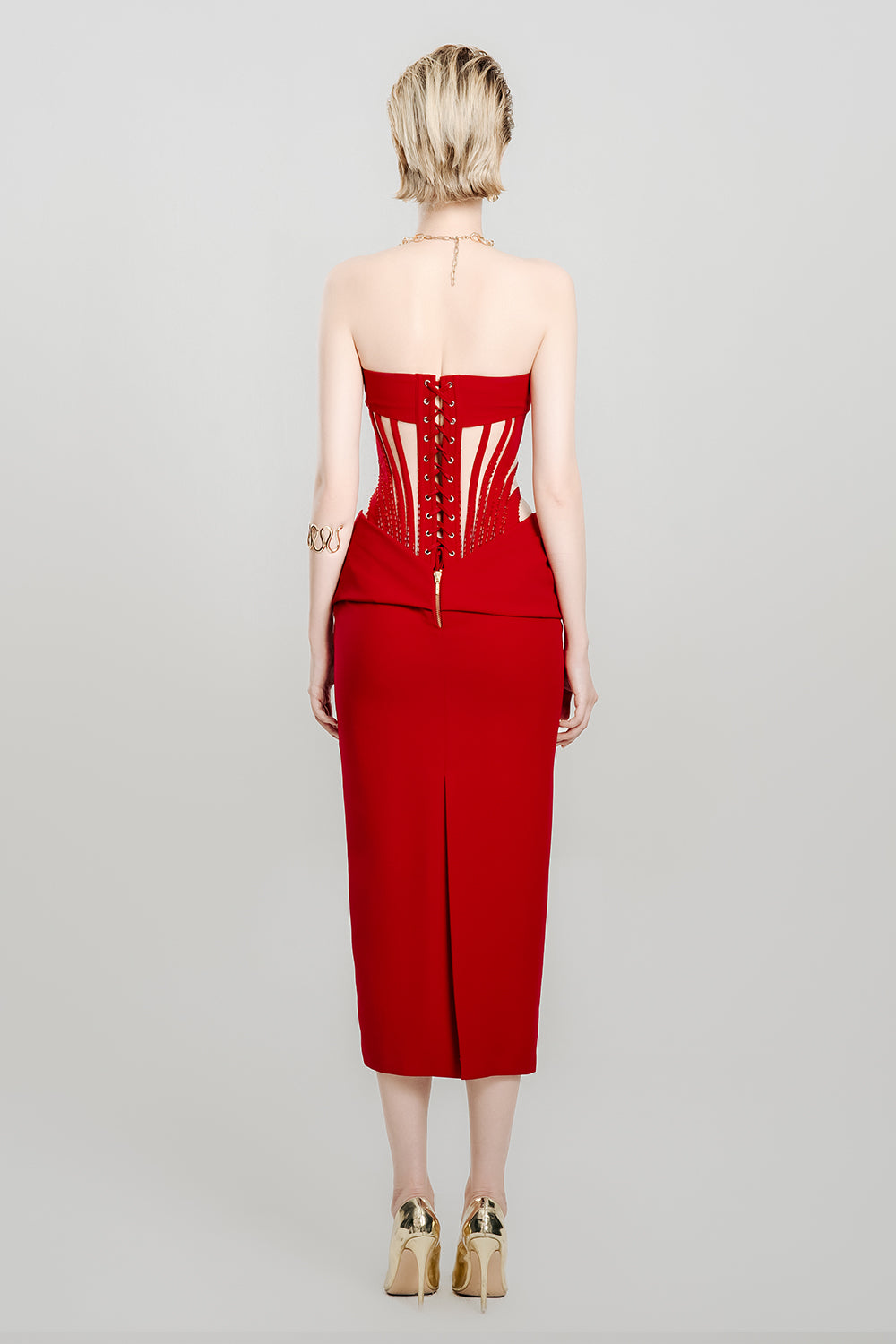 Women's Scarlet Shell Pegged Corset Waist Crepe Midi Dress Customize ...