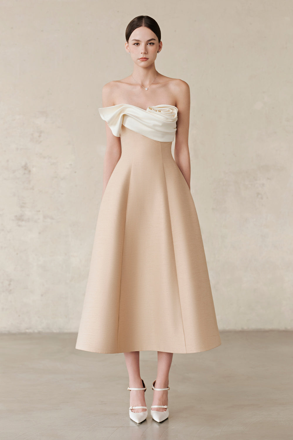 Women's Davina Straight Across Ruffle Midi Dress S/M/L/Customize Cream ...