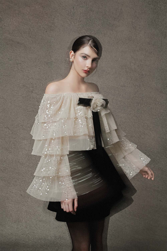 Women's Freya Layered Flare Sleeved Tulle Top 0/1/Customize Beige/Black ...