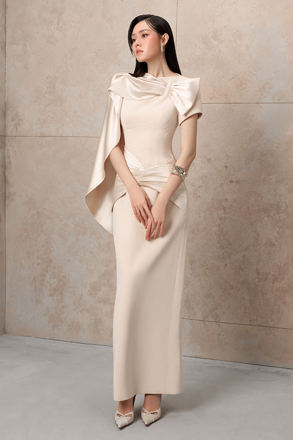 Callington Sheath Cape Shoulder Wool Blend Ankle Length Dress | MEAN BLVD