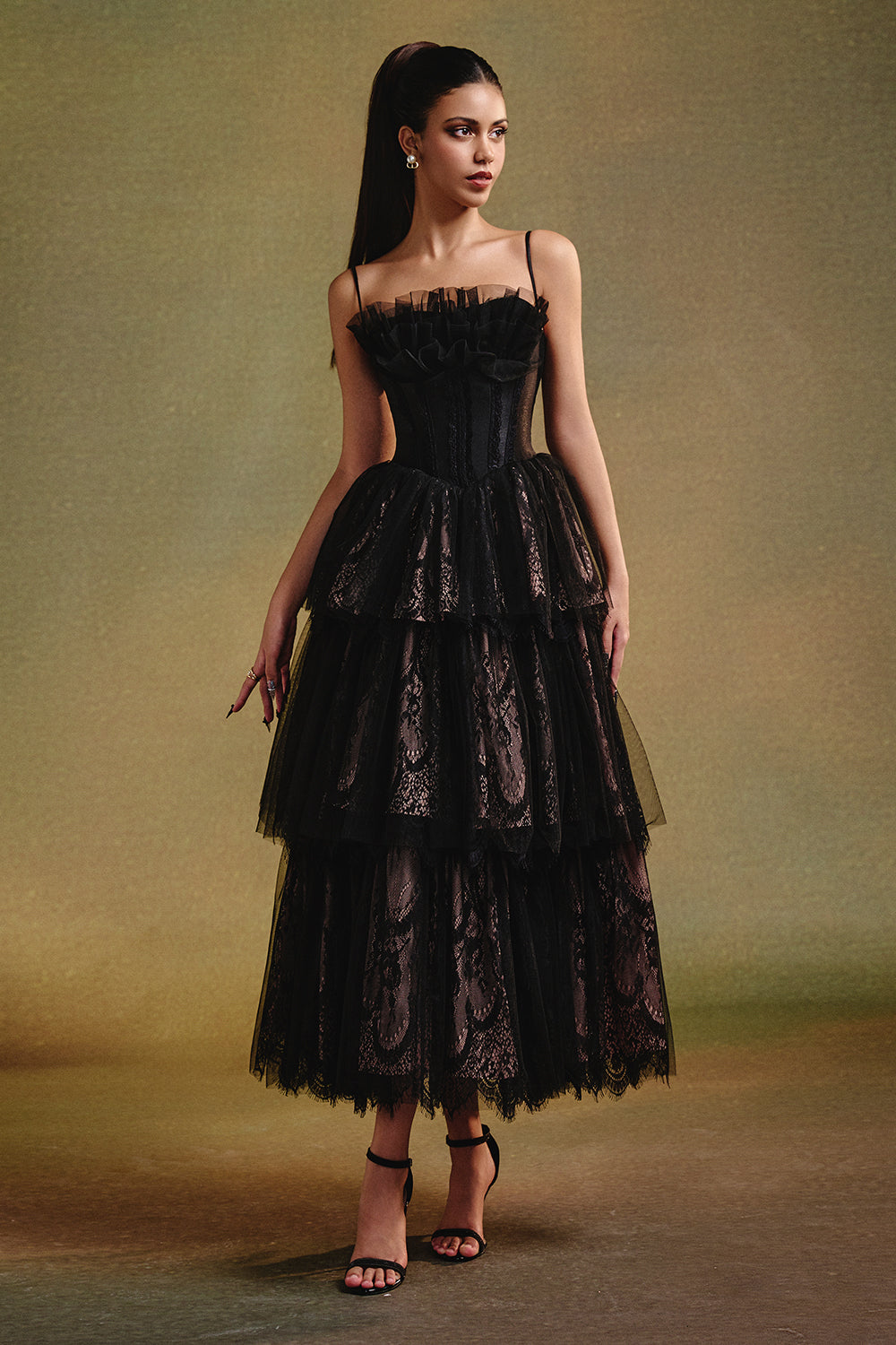 Women's Opera By Night A-line Ruffle Midi Dress XS/S/M/L/Customize ...