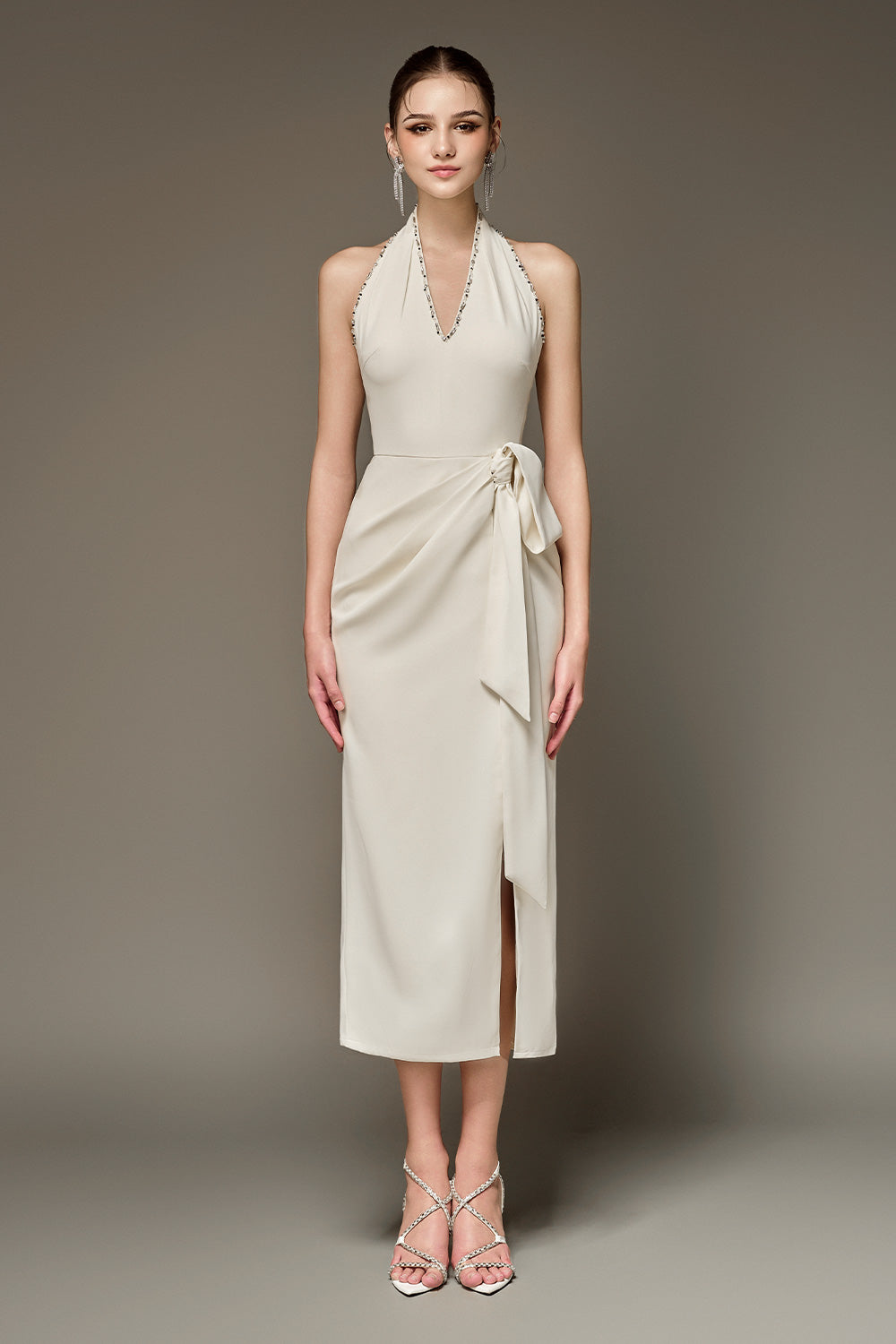 Women's Rachel Halter Ribbon Interlock Midi Dress S/M/L/Customize Cream ...