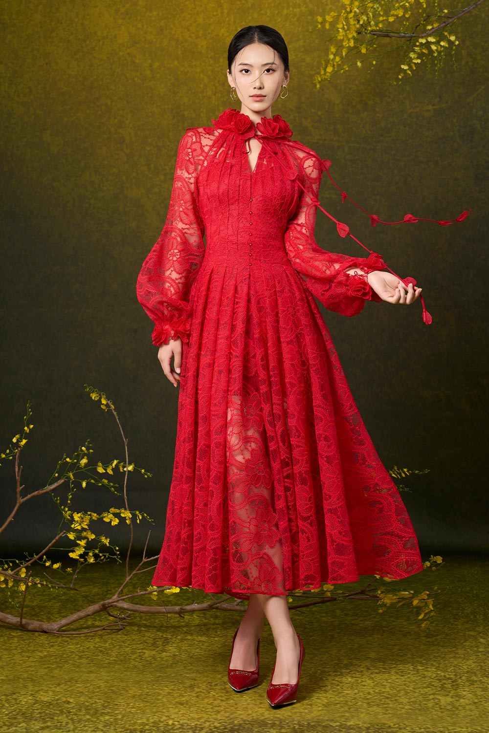 Women's Claire A-line Pleated Lace Midi Dress S/M/L/Customize Red Mixed ...