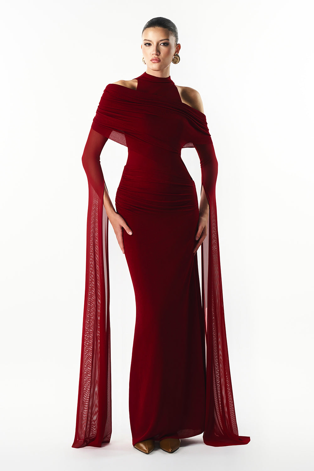 Women's Raviena High Neck Gathering Maxi Dress XS/S/M/L/XL/XXL Burgundy ...