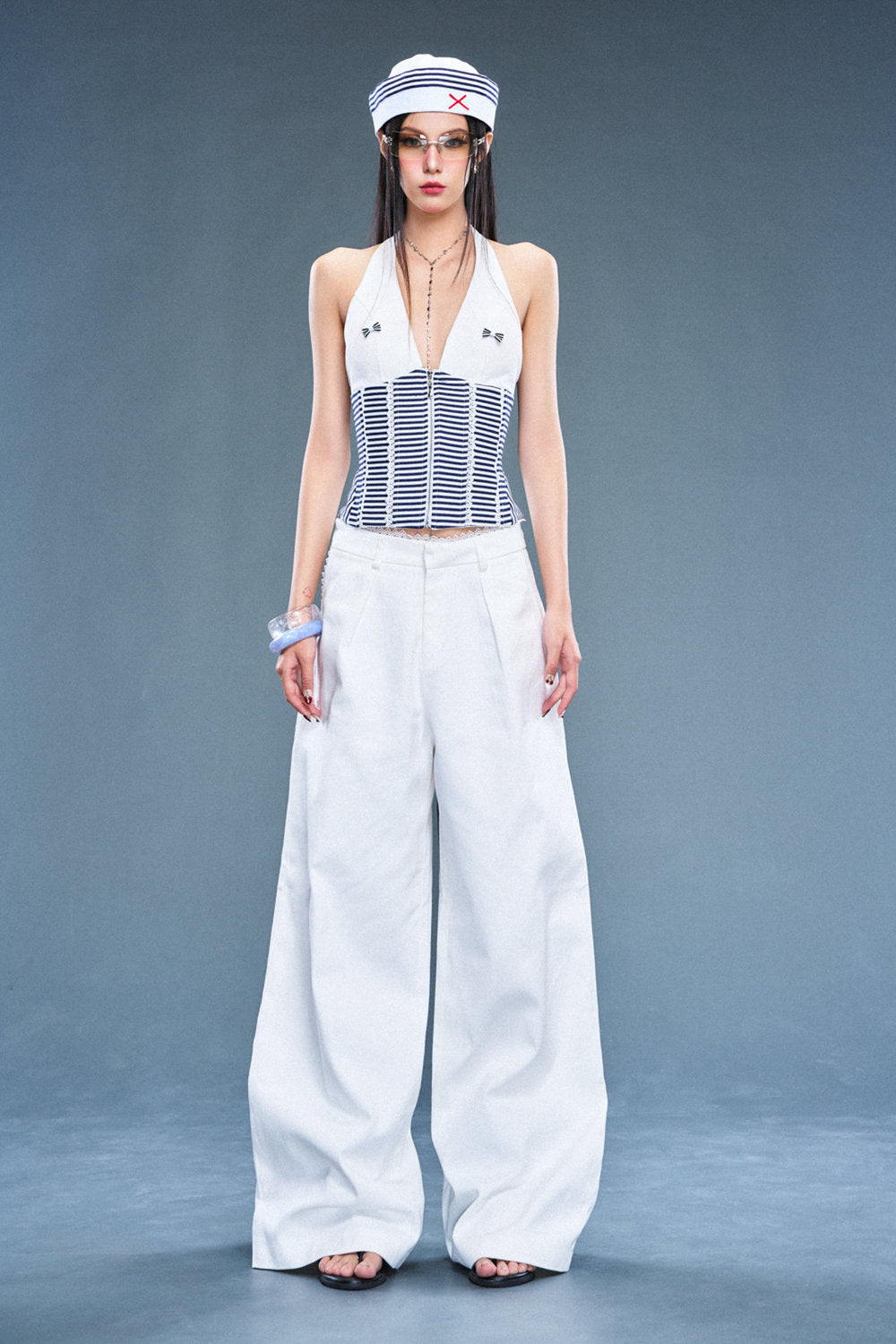 Women's Sailor Halter Neck Ribbon Top S/M/L White & Black Striped MEAN BLVD