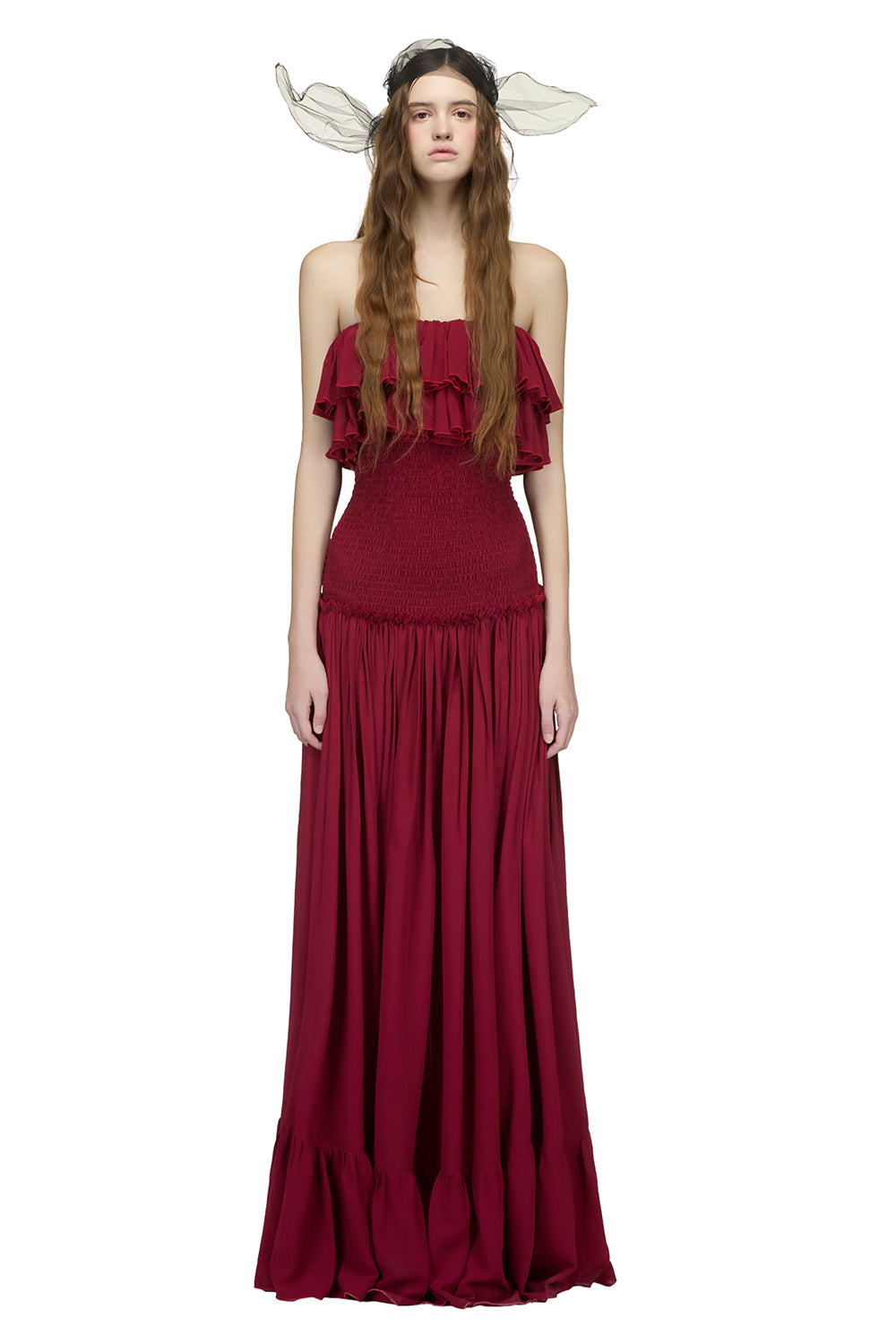 Women's Vael Ruffle Maxi Dress Maroon XS/S/M/L/Customize MEAN BLVD
