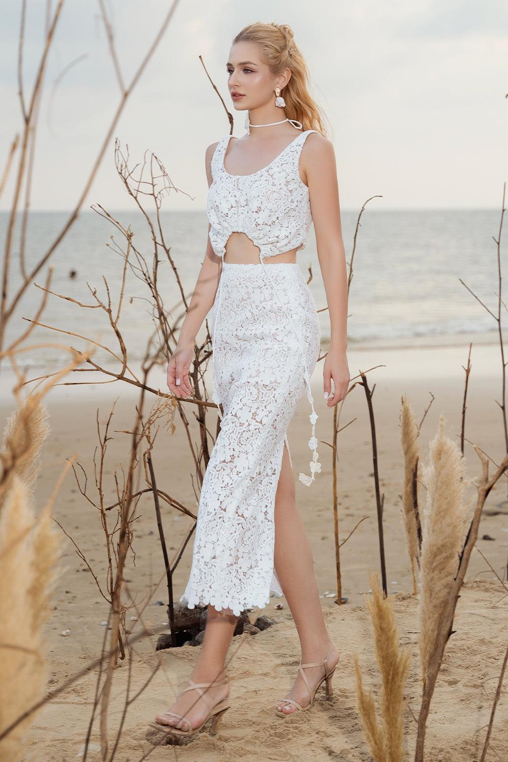 Alma Straight Back Slit Silk Lace Midi Skirt | MEAN BLVD