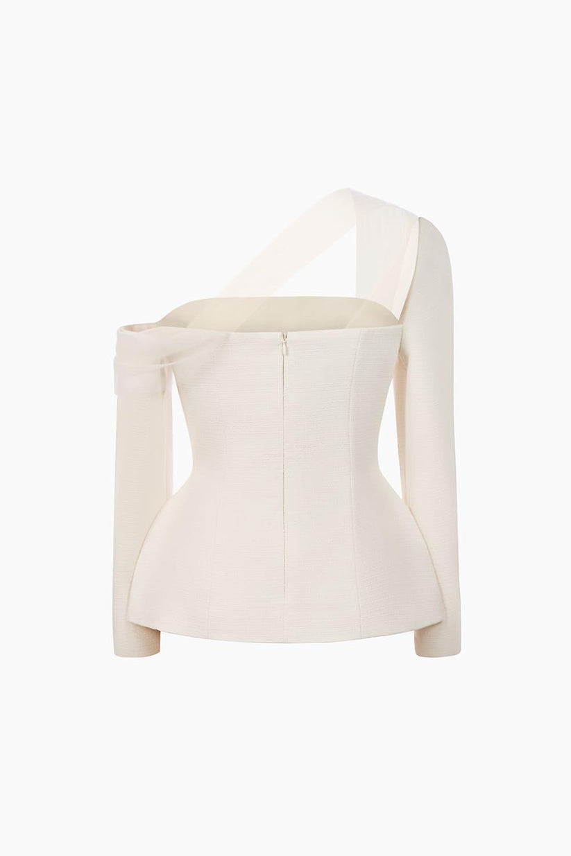 Women's Alya Peplum Asymmetric Shoulder Tweed Top XS/S/M/L Nude MEAN BLVD
