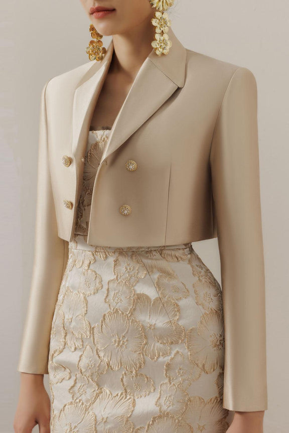 Women's Amara Bolera Cropped V-Neck Taffeta Jacket S/M/L/XL Beige MEAN BLVD