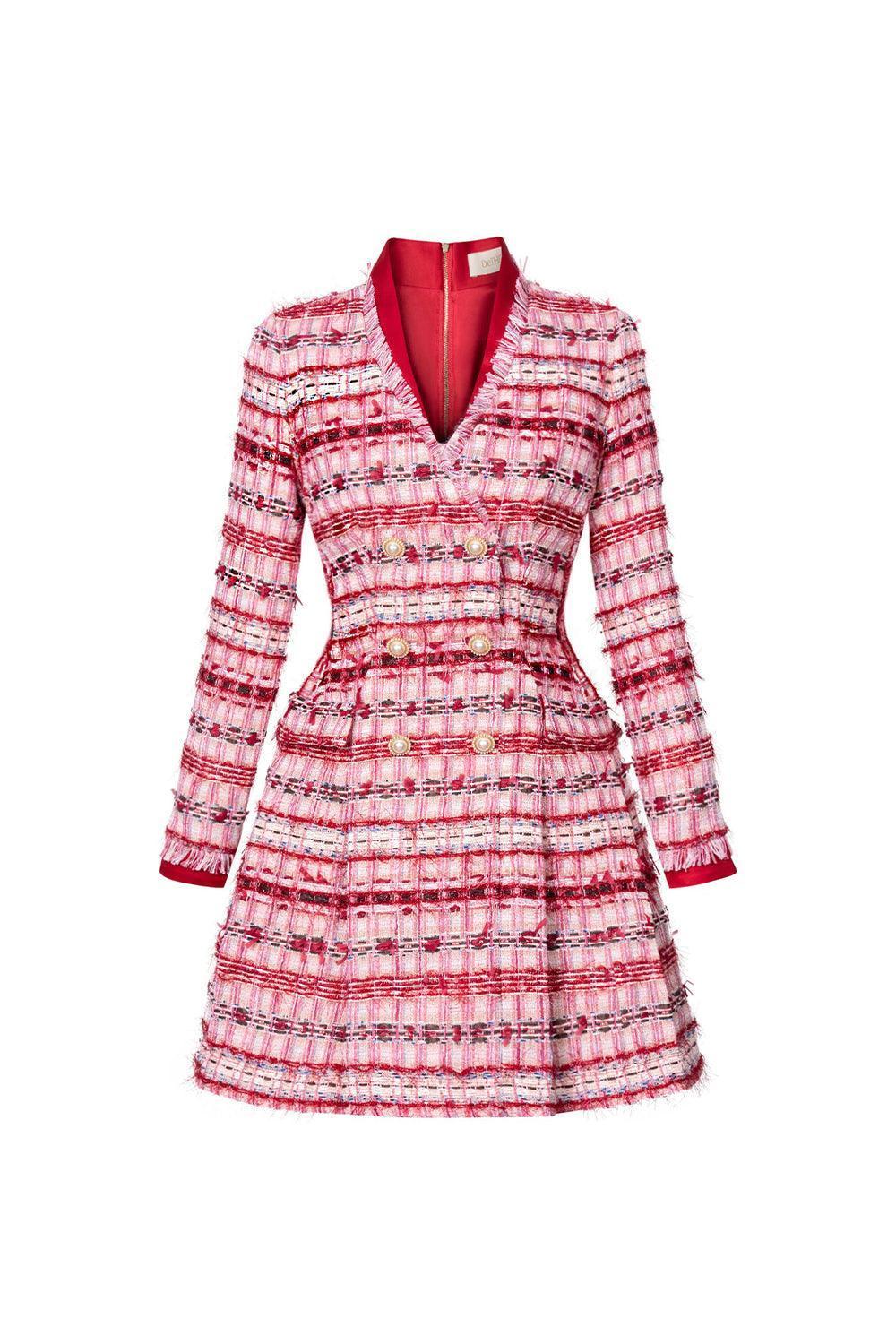 Women's Annette A-line Fringed Tweed Mini Dress S/M/L/XL Red Checked ...