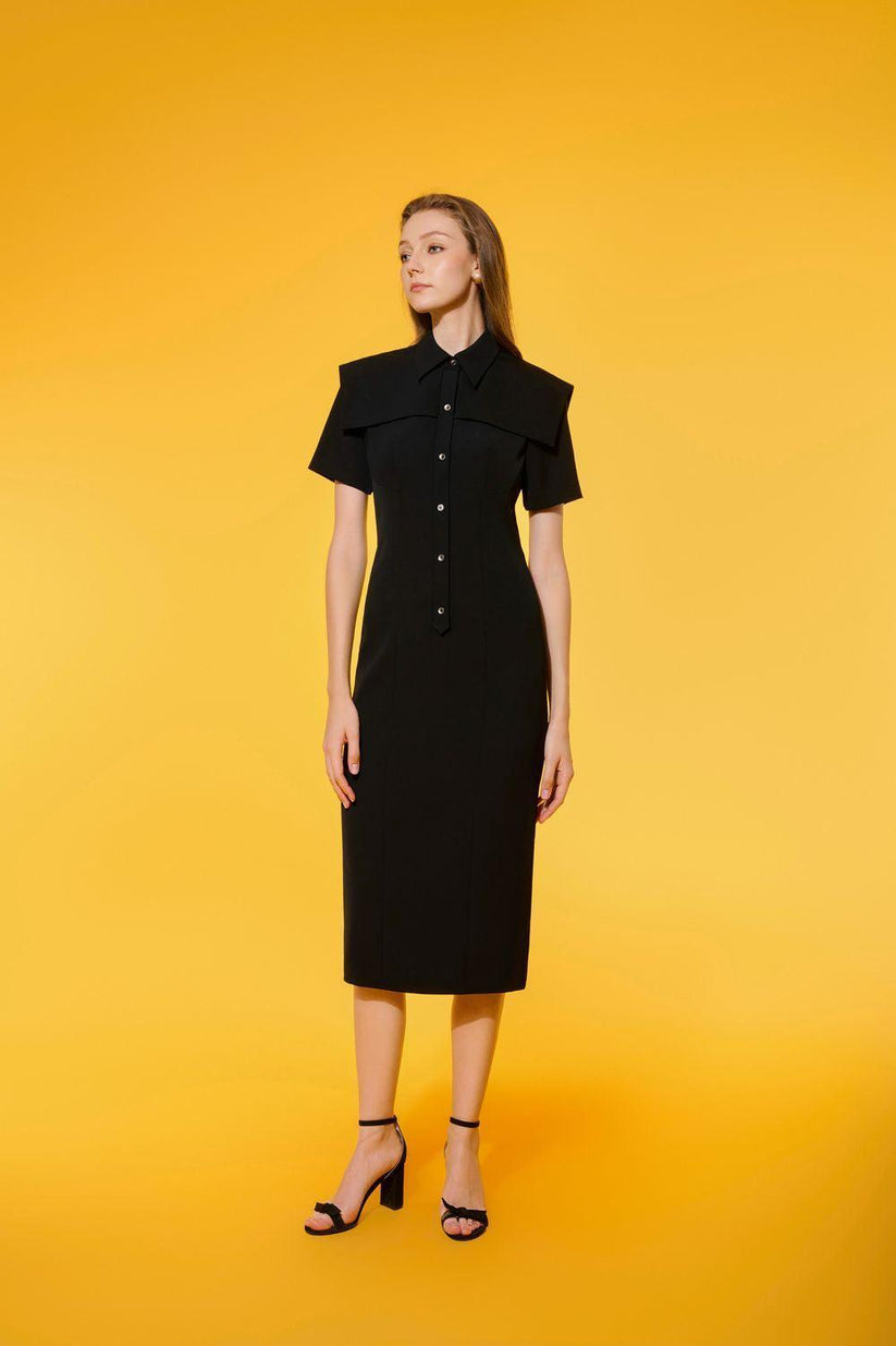 Women's Arohi Pencil Cape Shoulder Crepe Calf Length Dress S/M/L Black ...