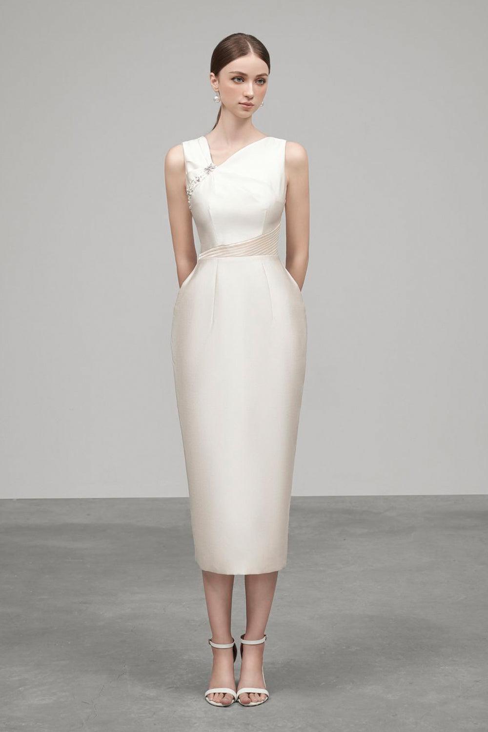 Athena Pegged Asymmetric Neck Twinkle Taffeta Midi Dress | MEAN BLVD