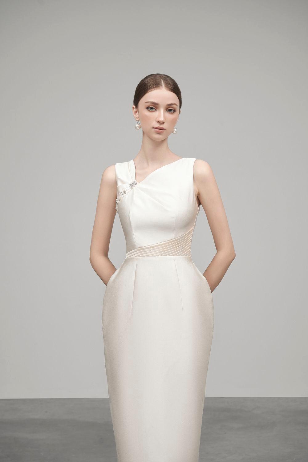 Athena Pegged Asymmetric Neck Twinkle Taffeta Midi Dress | MEAN BLVD