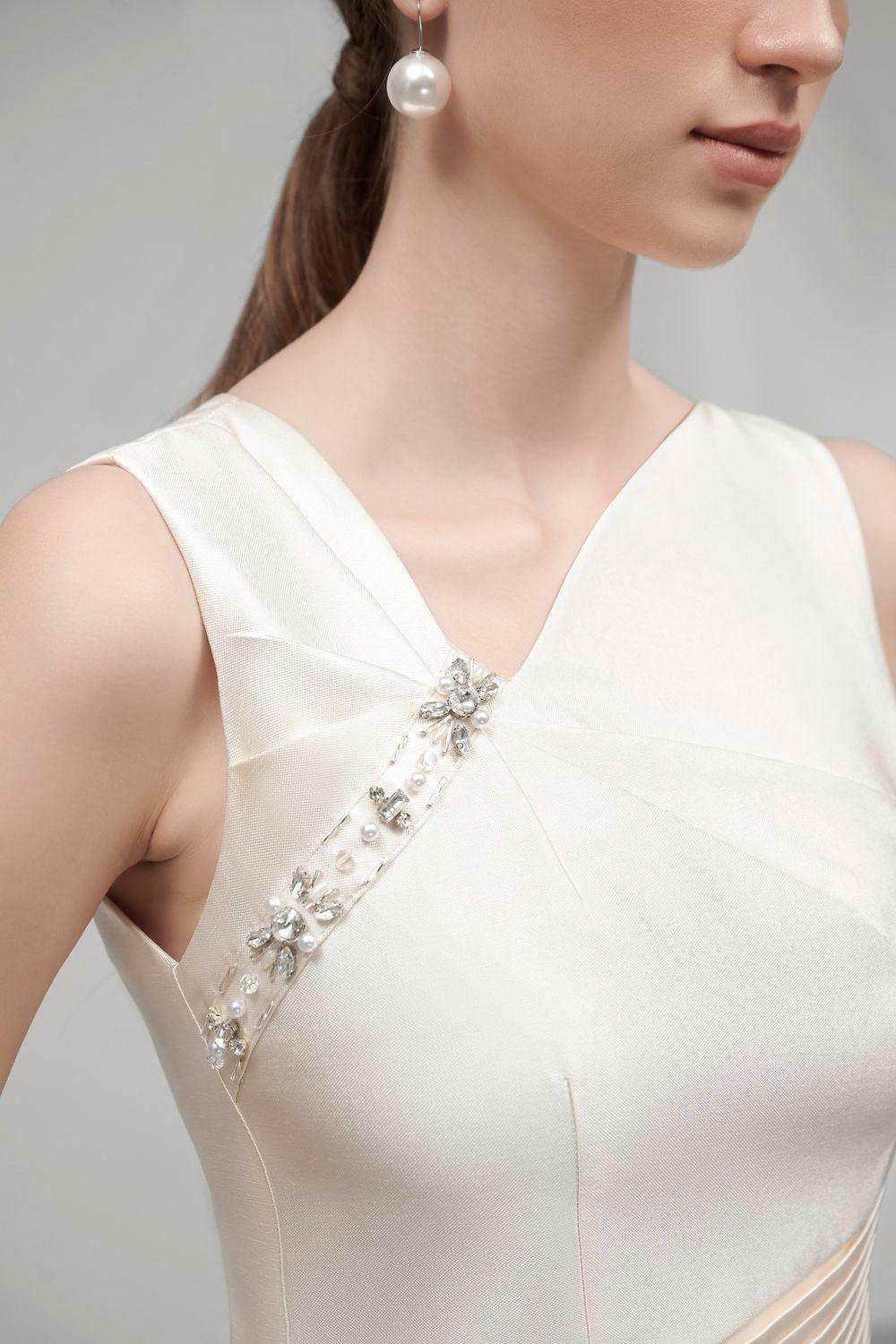 Athena Pegged Asymmetric Neck Twinkle Taffeta Midi Dress | MEAN BLVD