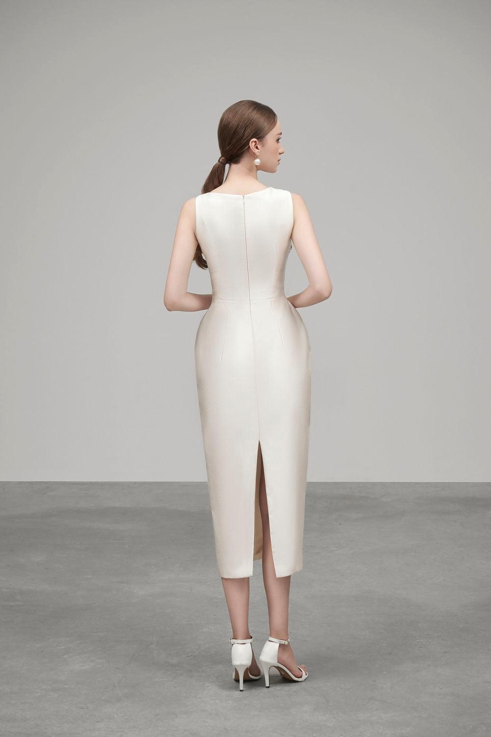 Athena Pegged Asymmetric Neck Twinkle Taffeta Midi Dress | MEAN BLVD