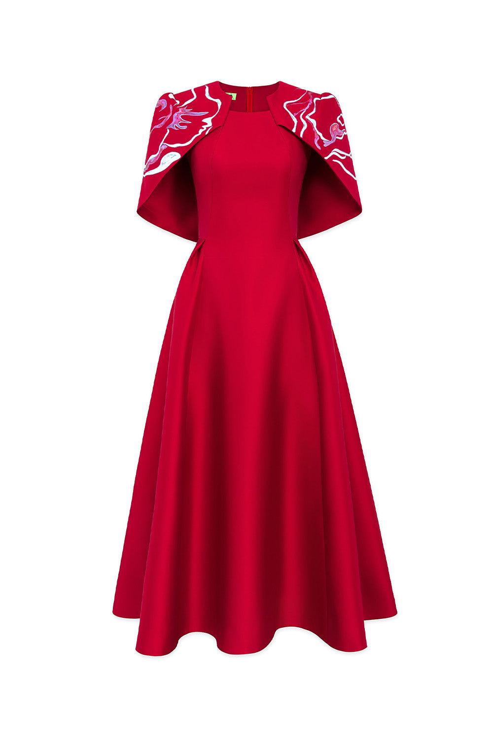 Women's Austin A-line Cape Shoulder Zibeline Midi Dress XS/S/M Carmine ...