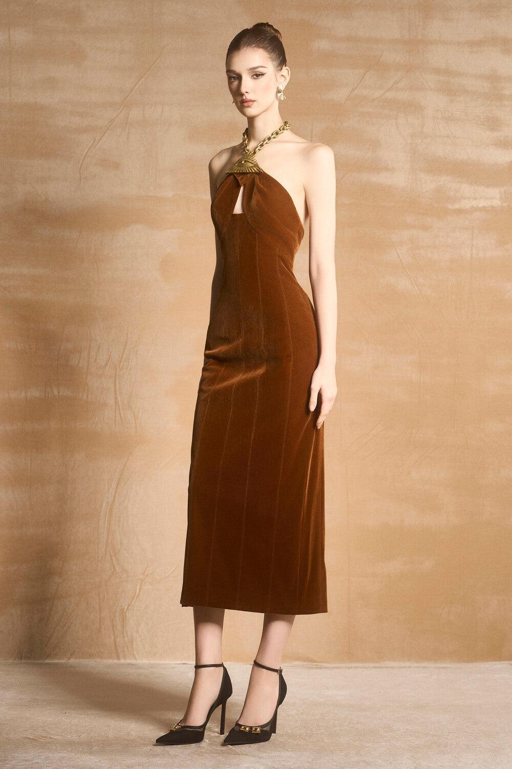 Women's Blitha Halter Sleeveless Velvet Midi Dress S/M/L/XL Brown MEAN BLVD