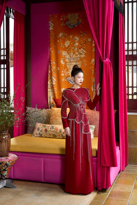 Women's Brillia Sheath Stone Velvet Satin Floor Length Ao Dai Set XS/S ...