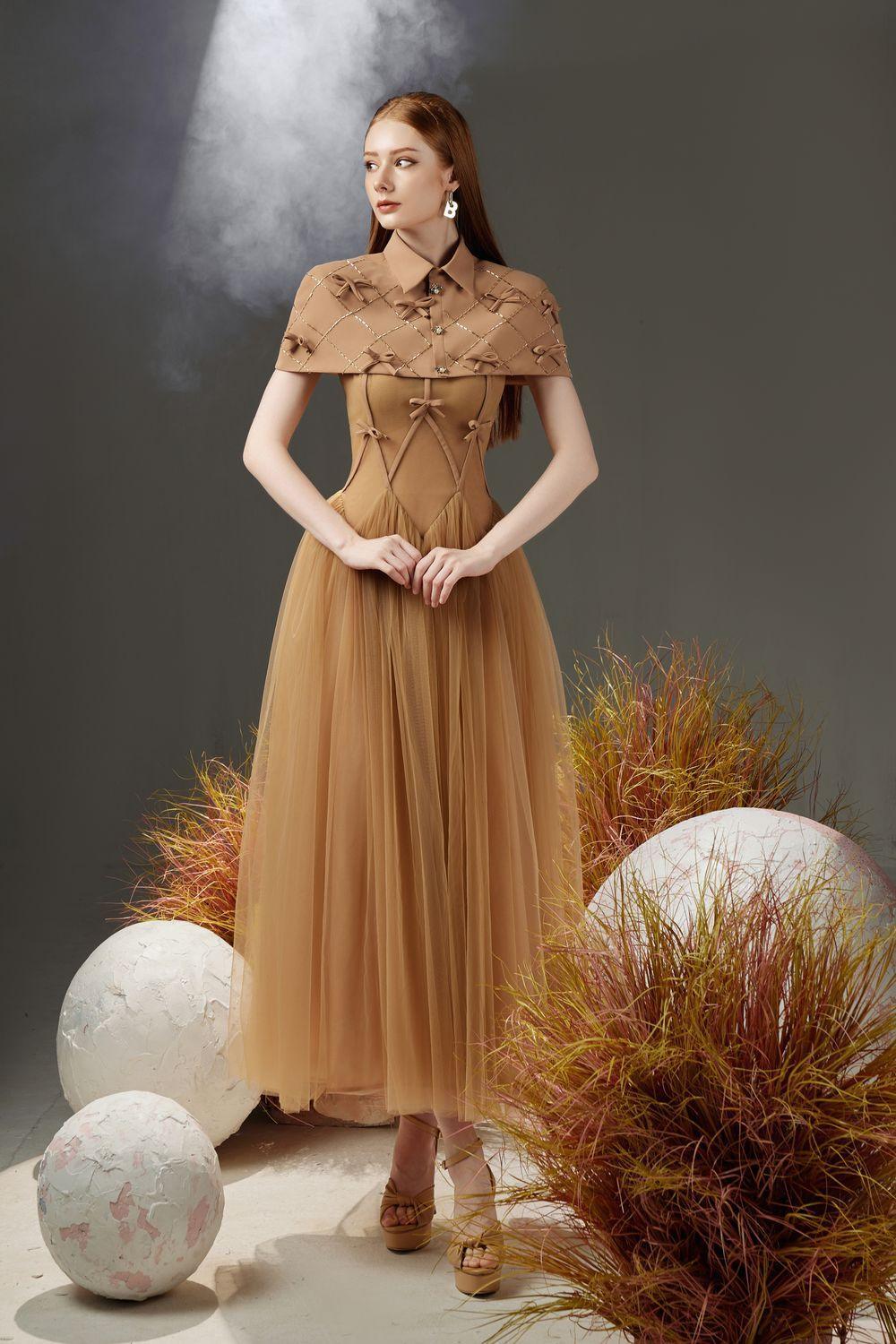 Women's Bryant Pleated Bow Taffeta Silk Midi Set XS/S/M/L/XL Brown MEAN ...