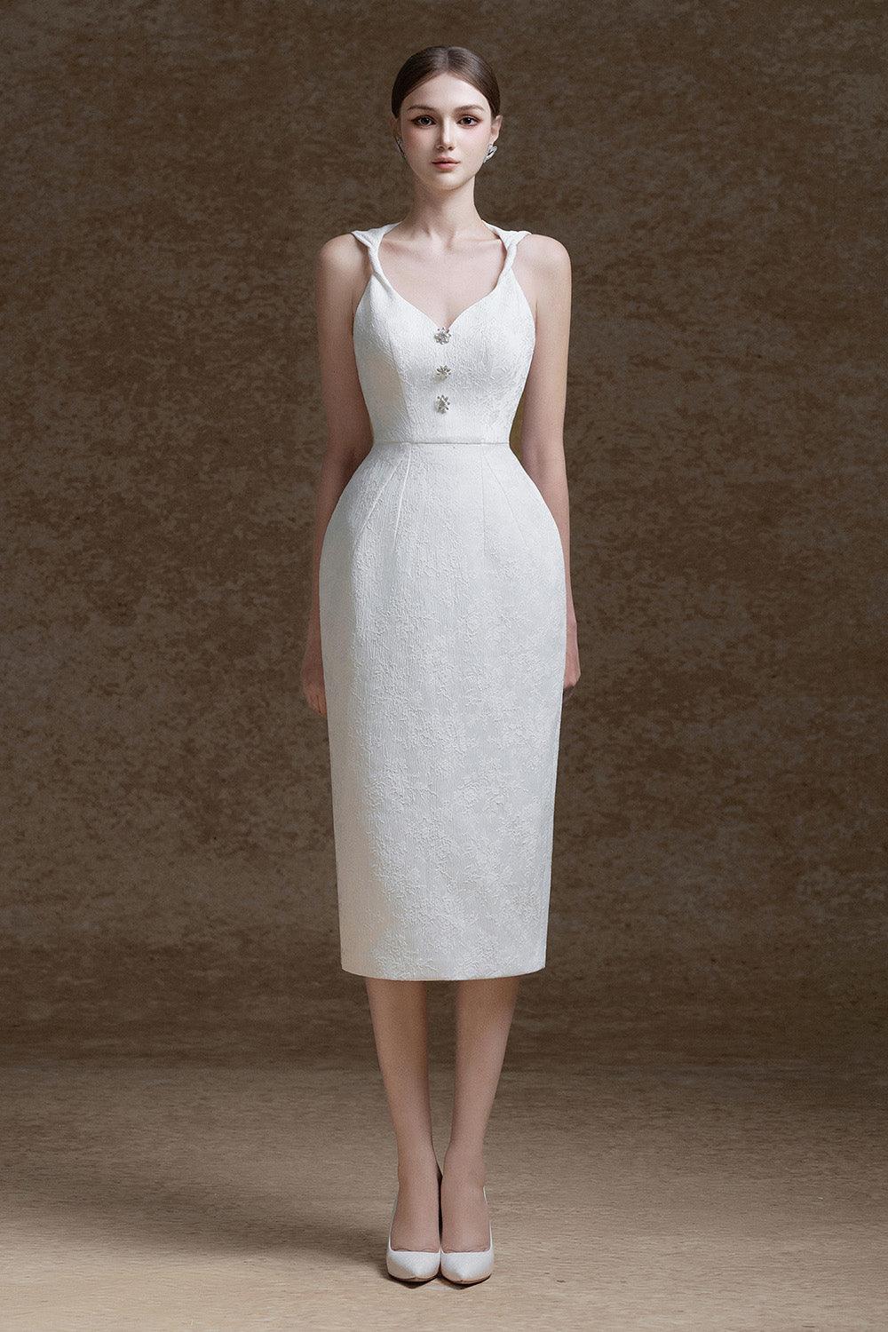 Women's Calantha Pegged Plunge Neck Brocade Midi Dress S/M/L White MEAN ...