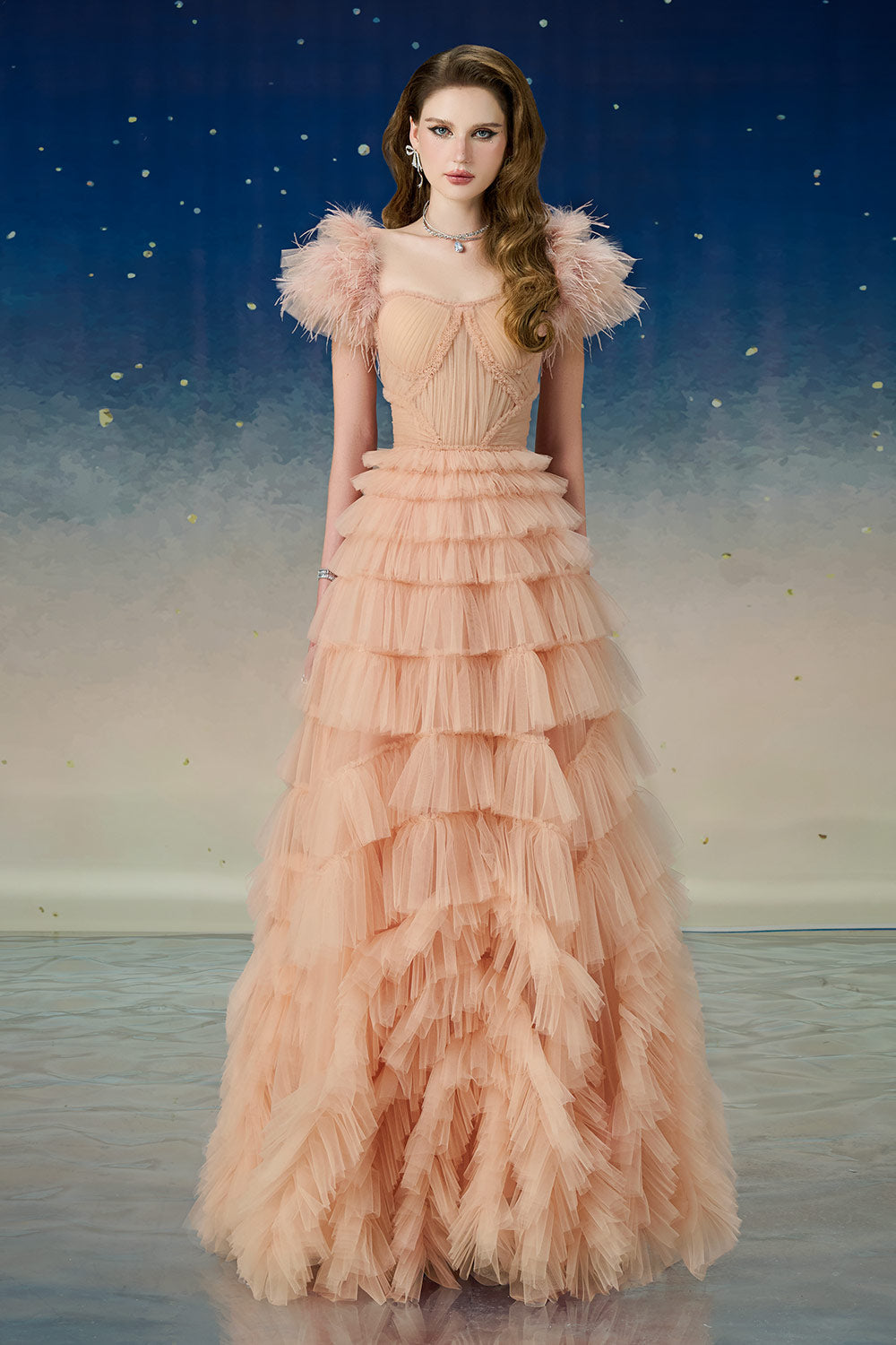 Lyrae Tiered Gathered Mesh Floor Length Dress | MEAN BLVD