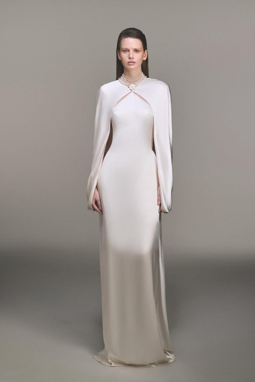 Women's Cassandra A-line Cape Sleeved Silk Cotton Blend Floor Length Ao ...
