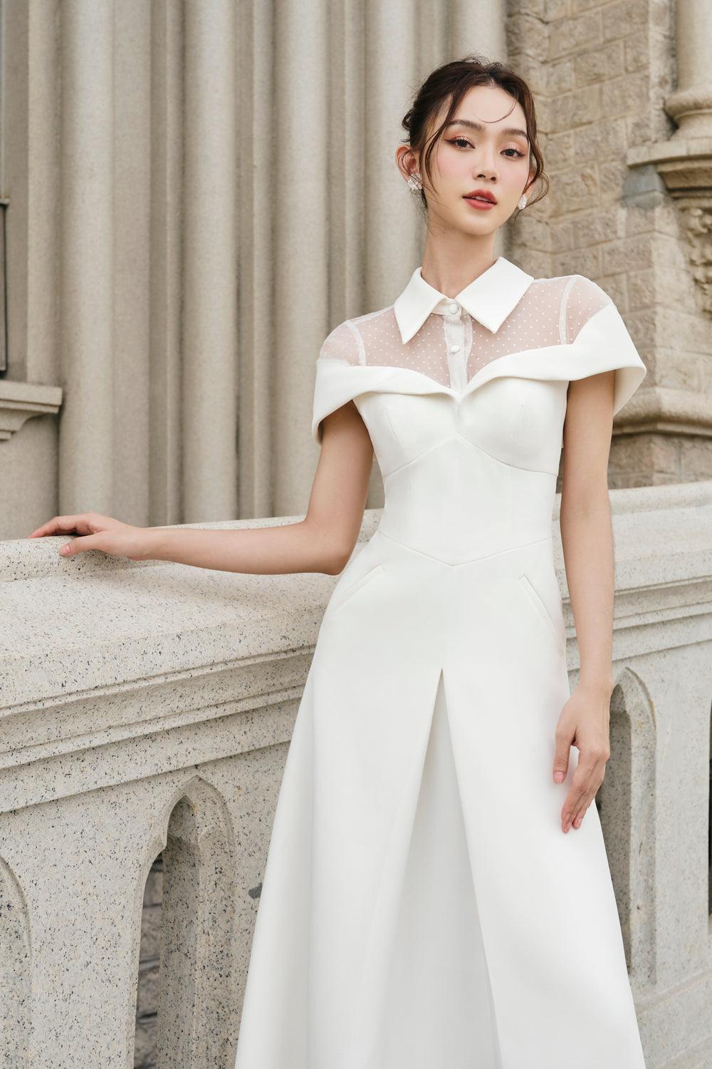 Women's Cecilia A-line Collared Neck Twill Midi Dress S/M/L White MEAN BLVD