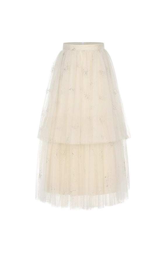 Women's Celia Layered Back Zipper Tulle Midi Skirt S Beige MEAN BLVD