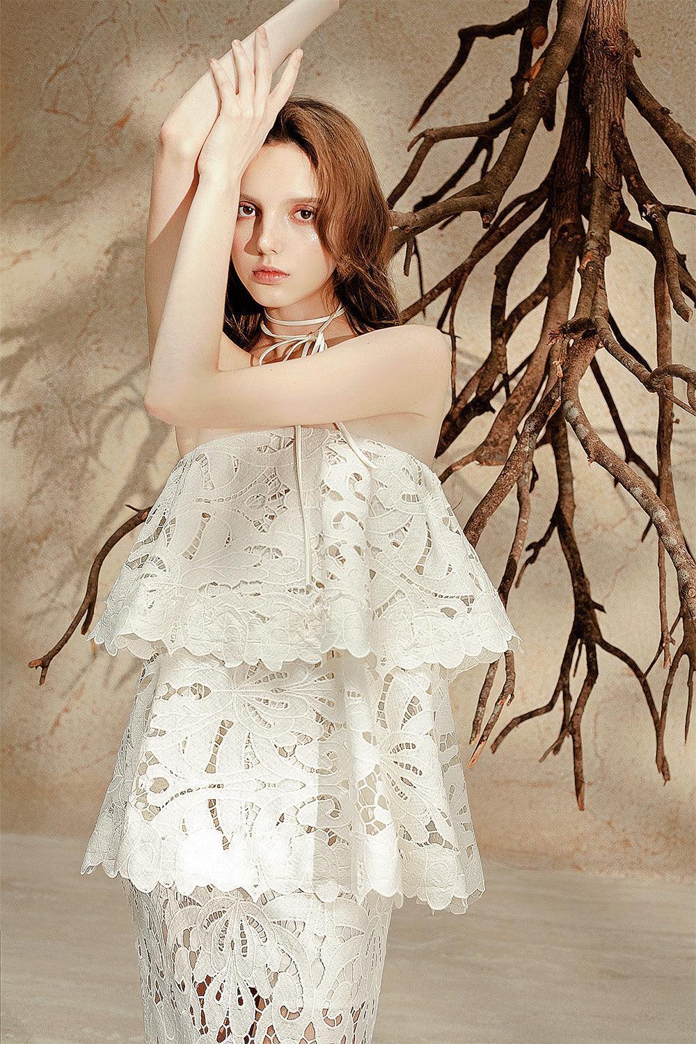 Women's Celina Layered Straight Across Neck Cotton Lace Floor Length ...