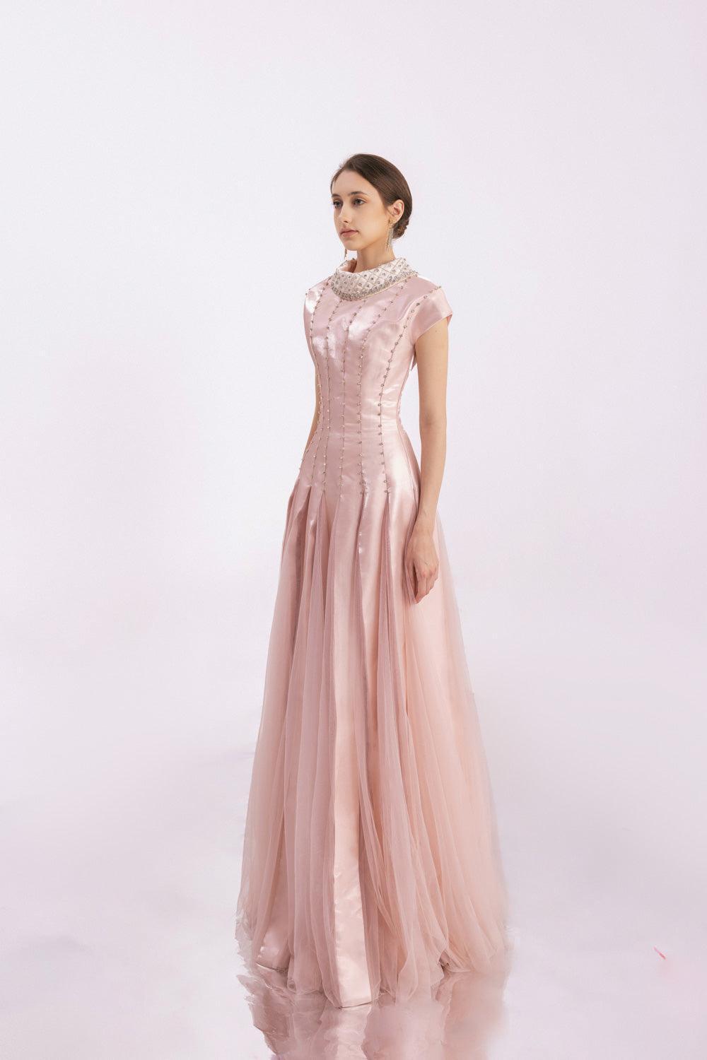 Women's Crane Gored Stone Mesh Silk Floor Length Dress XS/S/M/L/XL Pink ...