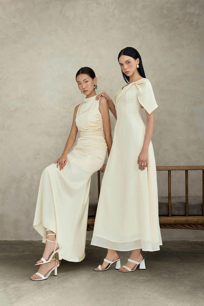 Women's Crystal A-line Twisted Silk Ankle Length Dress S/M/L/XL Cream ...