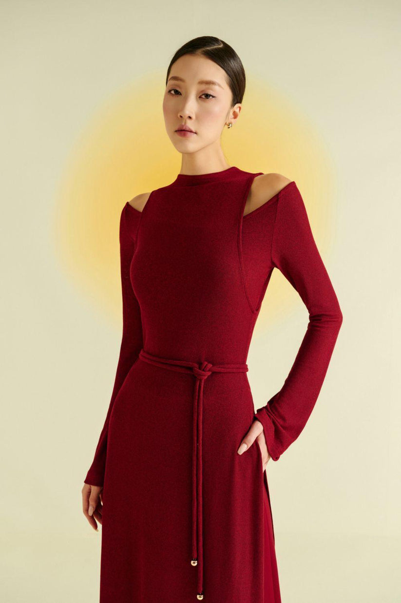 Women's Diep Sheath Cold Shoulder Sleeved Wool Calf Length Ao Dai S/M/L ...