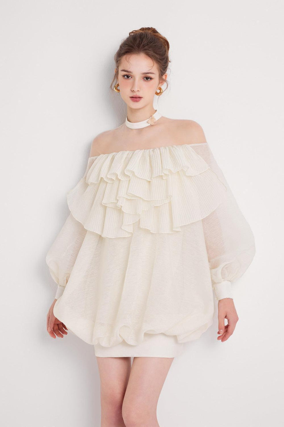 Women's Donna Blouson Ruffle Layer Organza Mini Dress XS/S/M/L/XL Cream ...