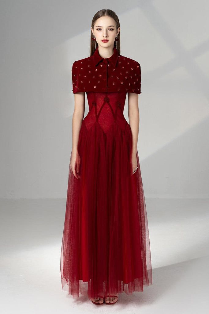 Women's Gemini Drop Waist Cape Shoulder Mesh Maxi Set XS/S/M/L/XL Red ...