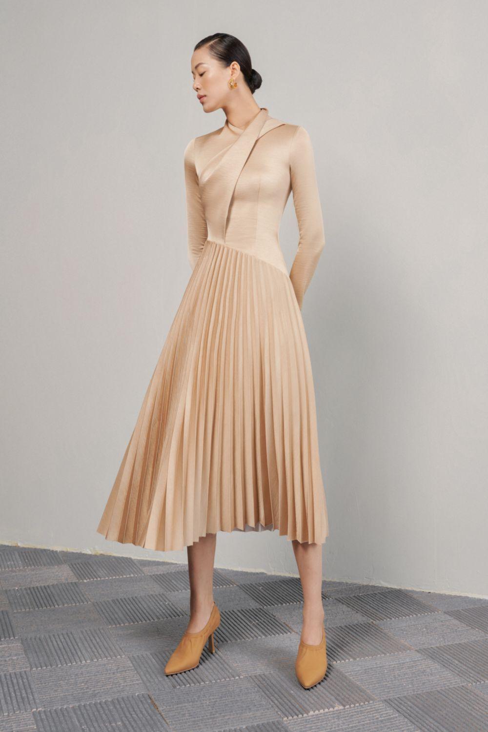 Women's Genesis A-line Pleated Taffeta Silk Midi Dress S/M/L/XL White ...