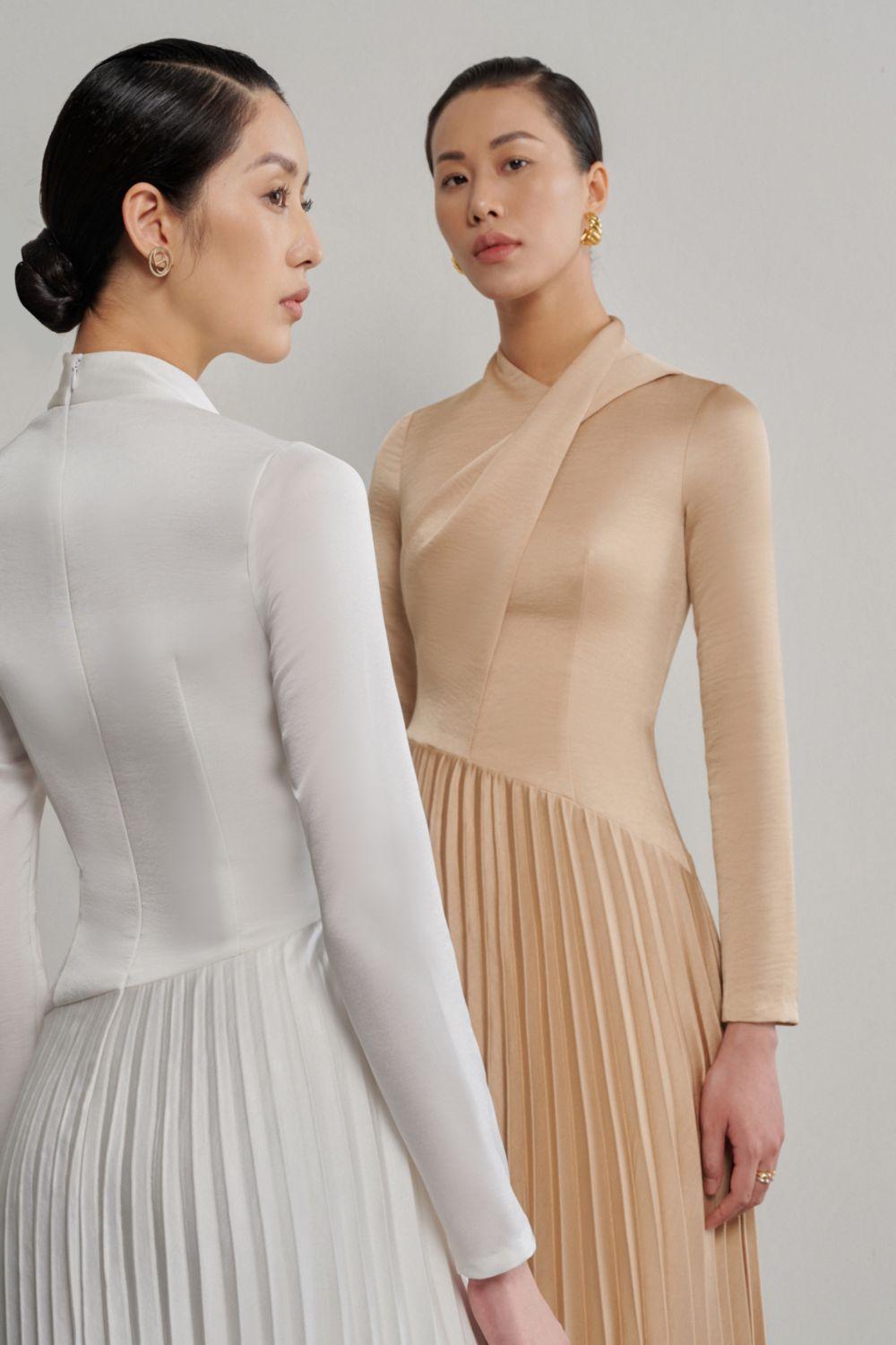 Women's Genesis A-line Pleated Taffeta Silk Midi Dress S/M/L/XL White ...