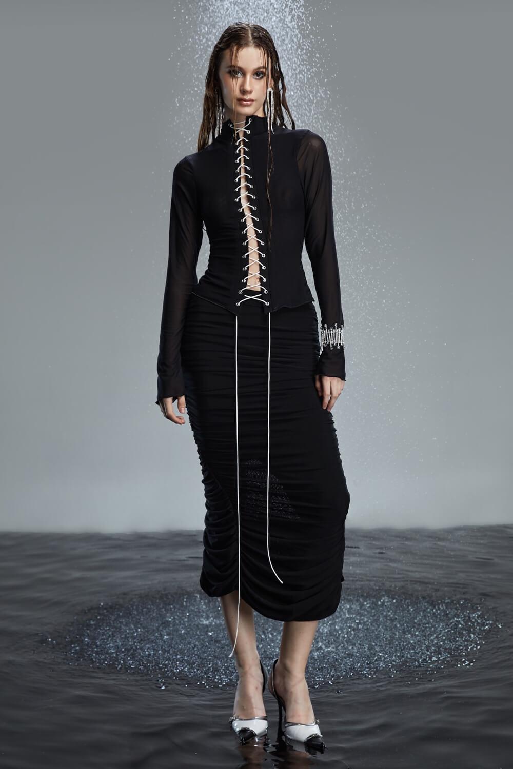 Women's Giavanna Bodycon Long Sleeved Mesh Spandex Top XXS/XS/S/M/L ...