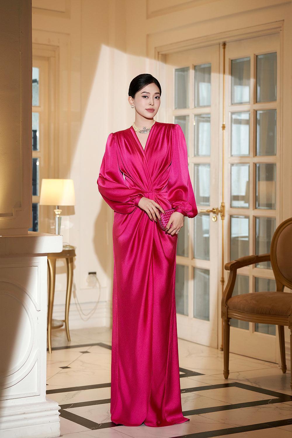 Women's Isabel A-line Draped Satin Maxi Dress S/M/L/XL White/Pink ...