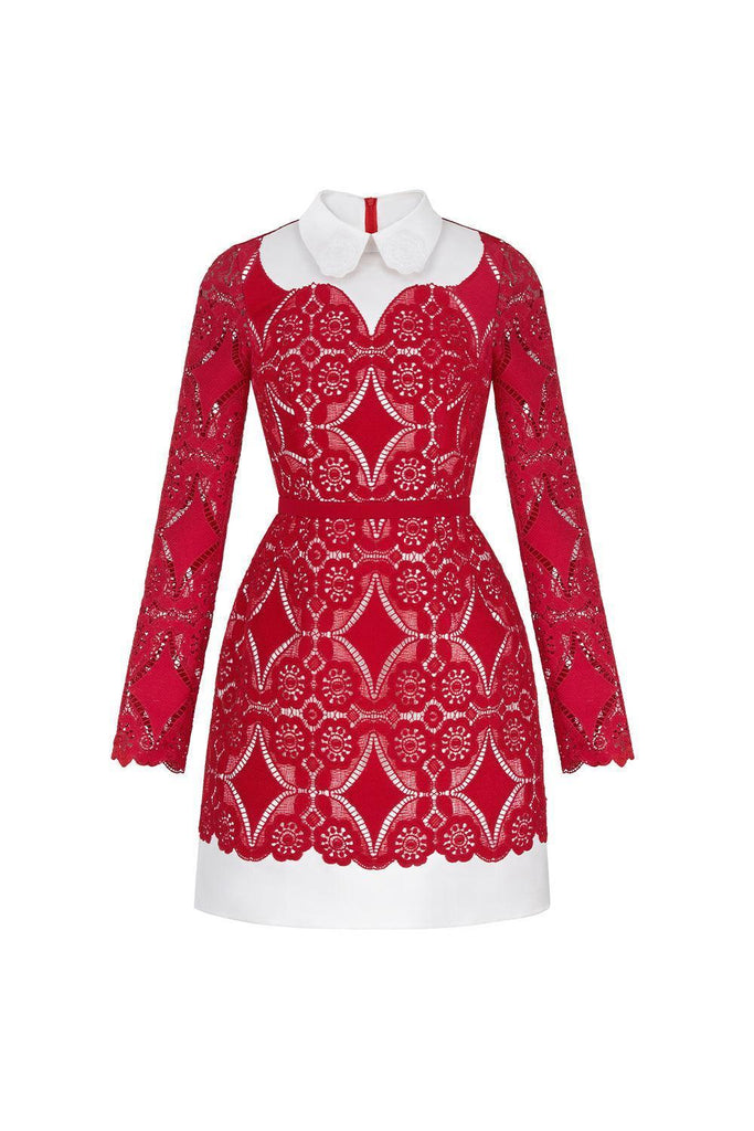 Women's Isabella A-line Long Sleeved Lace Mini Dress S/M/L/XL White&Red ...